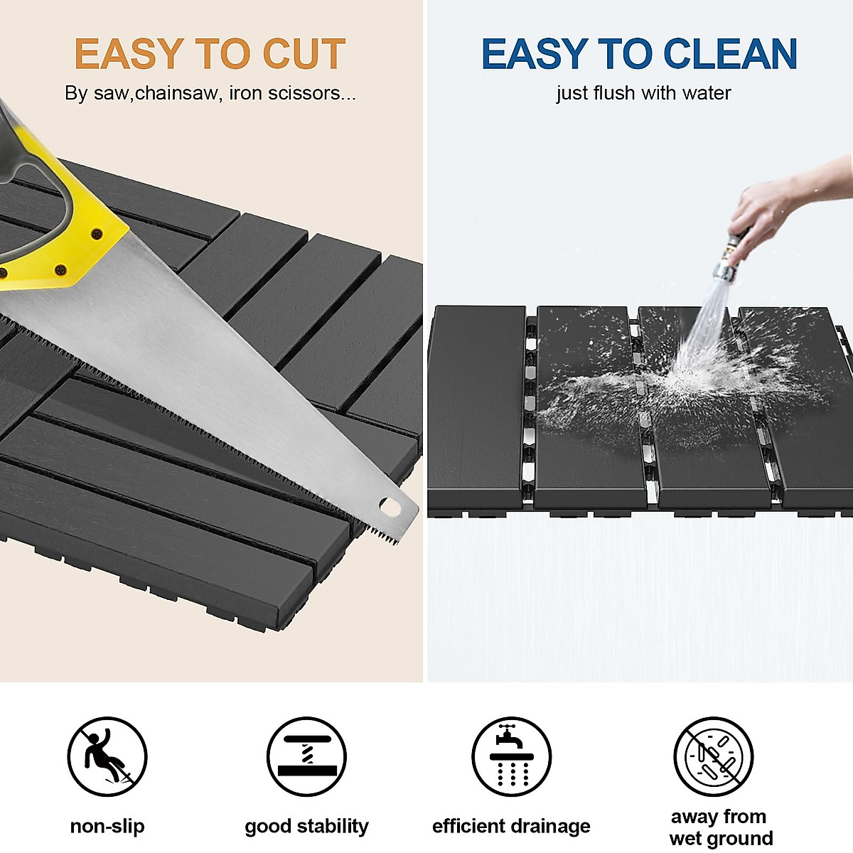 Goovilla Plastic Interlocking Deck Tiles, 9 Pack , 12"x12" Waterproof Outdoor Flooring All Weather Use, Patio Floor Decking Tiles for Porch Poolside Balcony Backyard, Dark Grey