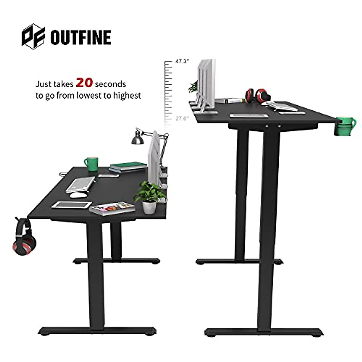 OUTFINE Heavy Duty Dual Motor Height Adjustable Standing Desk Electric Dual Motor Home Office Stand Up Computer Workstation with Splice Board (Black, 63") Desktop Load up to 220lbs