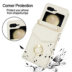 HianDier for Samsung Galaxy Z Flip 5 Case Wallet with Card Holder for Women with Crossbody Lanyard PU Leather Ring Kickstand Shockproof Protective Phone Case for Samsung Z Flip 5 Case, Beige