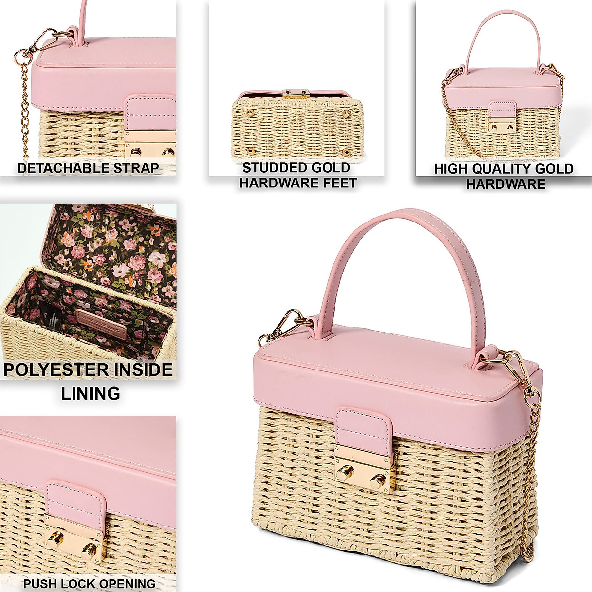 Like Dreams Small Summer Bag for Women Woven Straw Crossbody Vegan Leather Top Handle Plaid Inner Purse (Blush)