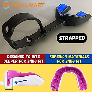 Oral Mart Black/Blue Strapped Youth Mouth Guard for Kids - Sports Mouthguard with Connected Strap for Ice Hockey, Football, Lacrosse, Taekwondo