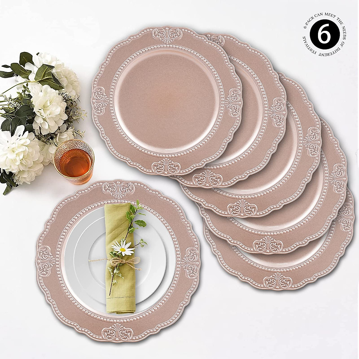 MAONAME 13" Rose Glod Charger Plates, Set of 6, Antique Charger Plates, Plastic Plate Chargers, Wedding Reception Chargers Plate Chargers for Dinner