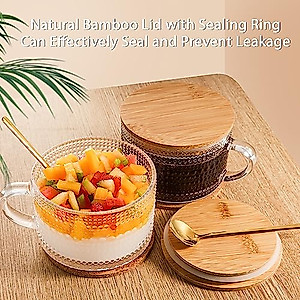 Vintage Coffee Mugs Glassware Set of 4-14oz Leak Proof Overnight Oats Containers with Lids and Spoons, Hobnail Glass Cups with Bamboo Lids, Ideal Coffee Bar Accessories Perfect for Coffee, Tea