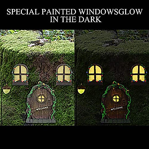 Jetec 21 Pieces Fairy Door and Window, Trees with 2 Window and Light Yard Sculpture Decoration for DIY Micro Landscape Ornament Kid Room, Wall and Tree Outdoor Miniature Fairy Garden Accessories