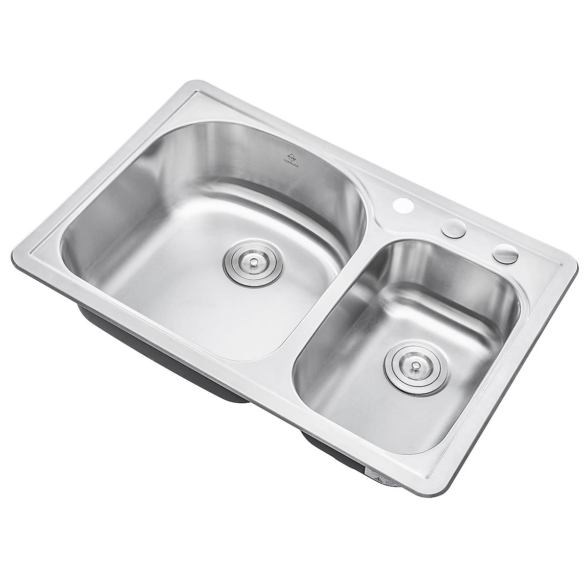 CozyBlock 33 x 22 x 8 Inch 70/30 Offset Top-mount/Drop-in Stainless Steel Double Bowl Kitchen Sink with Strainer and Protective Bottom Grid - 18 Gauge Stainless Steel-3 Faucet Hole