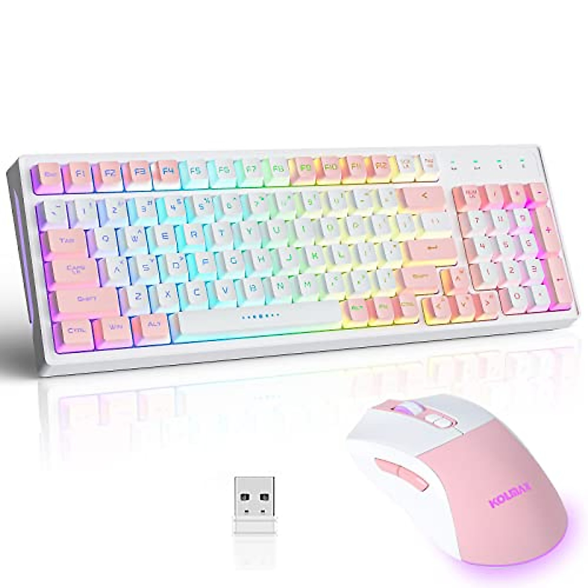 CK98 Wireless Gaming Keyboard and Mouse Combo,Rechargeable RGB White Gaming Keyboard RGB Backlit 98 Keys Mechanical Feeling Dual Color Keyboard and Gaming Mouse 3200DPI for PC Mac Gamers(WhitePink)