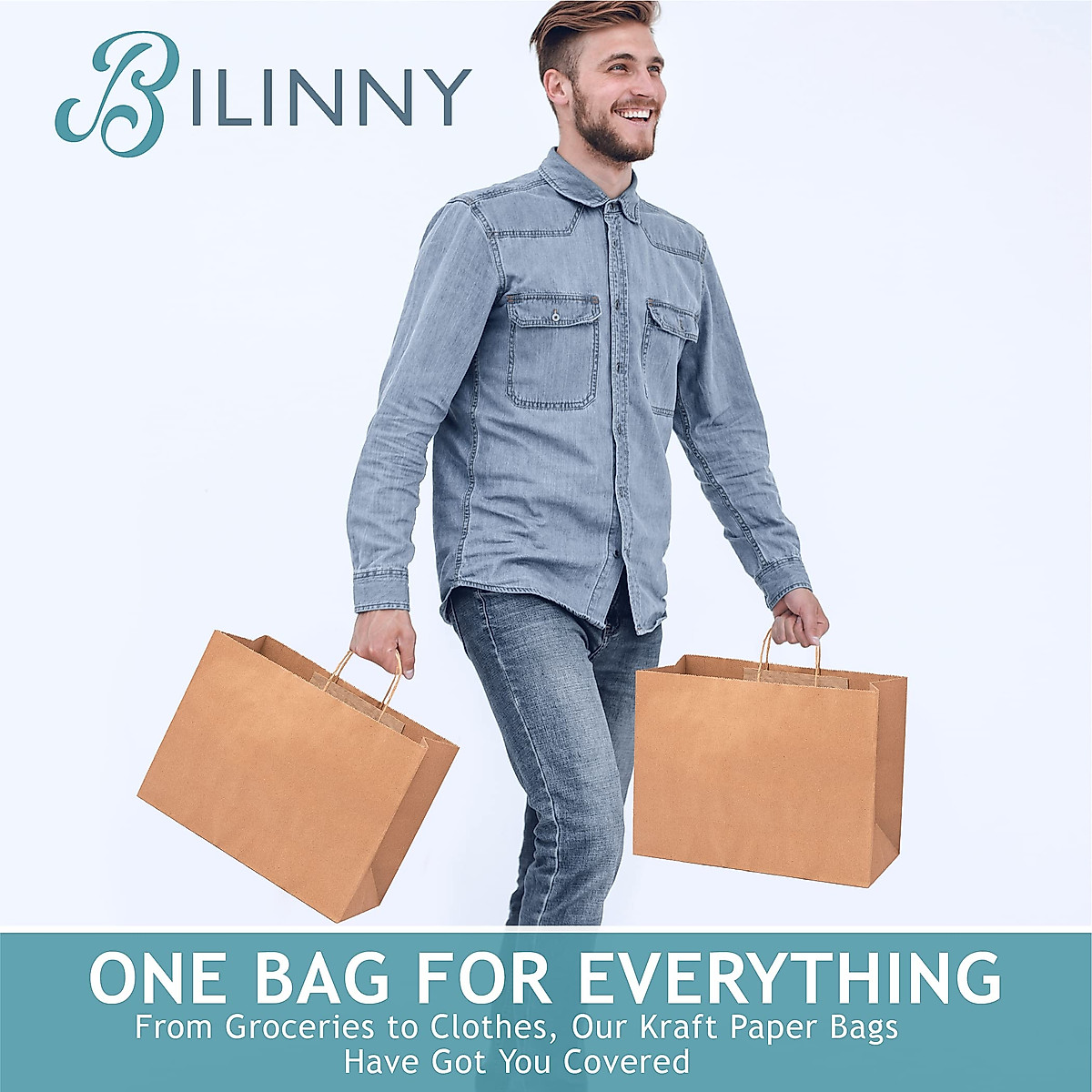 Bilinny Brown Paper Bags with Handles - Large Gift Bags with Handles - 16x6x12 Inches - 50 Pack Kraft Paper Bags - Paper Grocery Bags - Paper Bags for Small Business - Paper Shopping Bags with Handles