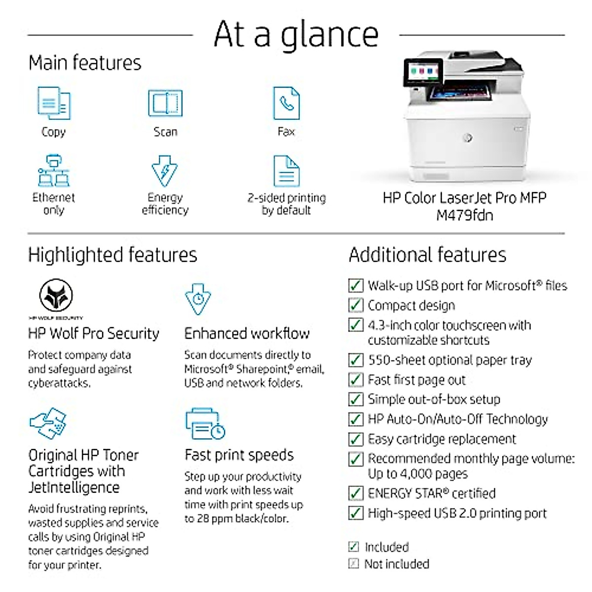 HP Color LaserJet Pro Multifunction M479fdn Laser Printer with One-Year, Next-Business Day, Onsite Warranty (W1A79A)