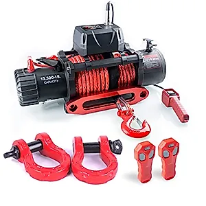 RUGCEL GRIPWAY 13500lb Waterproof Electric Black Synthetic Rope Winch with Hawse Fairlead, Wired Handle and 2 Wireless Remote