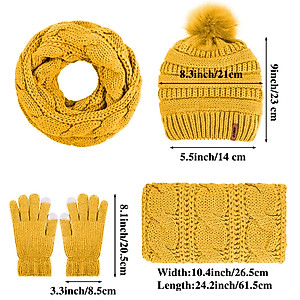 Aneco Womens Winter Warm Sets Knitted Fur Pompoms Beanie Hat Circle Loop Scarf Touch Screen Gloves Winter Favor Accessories