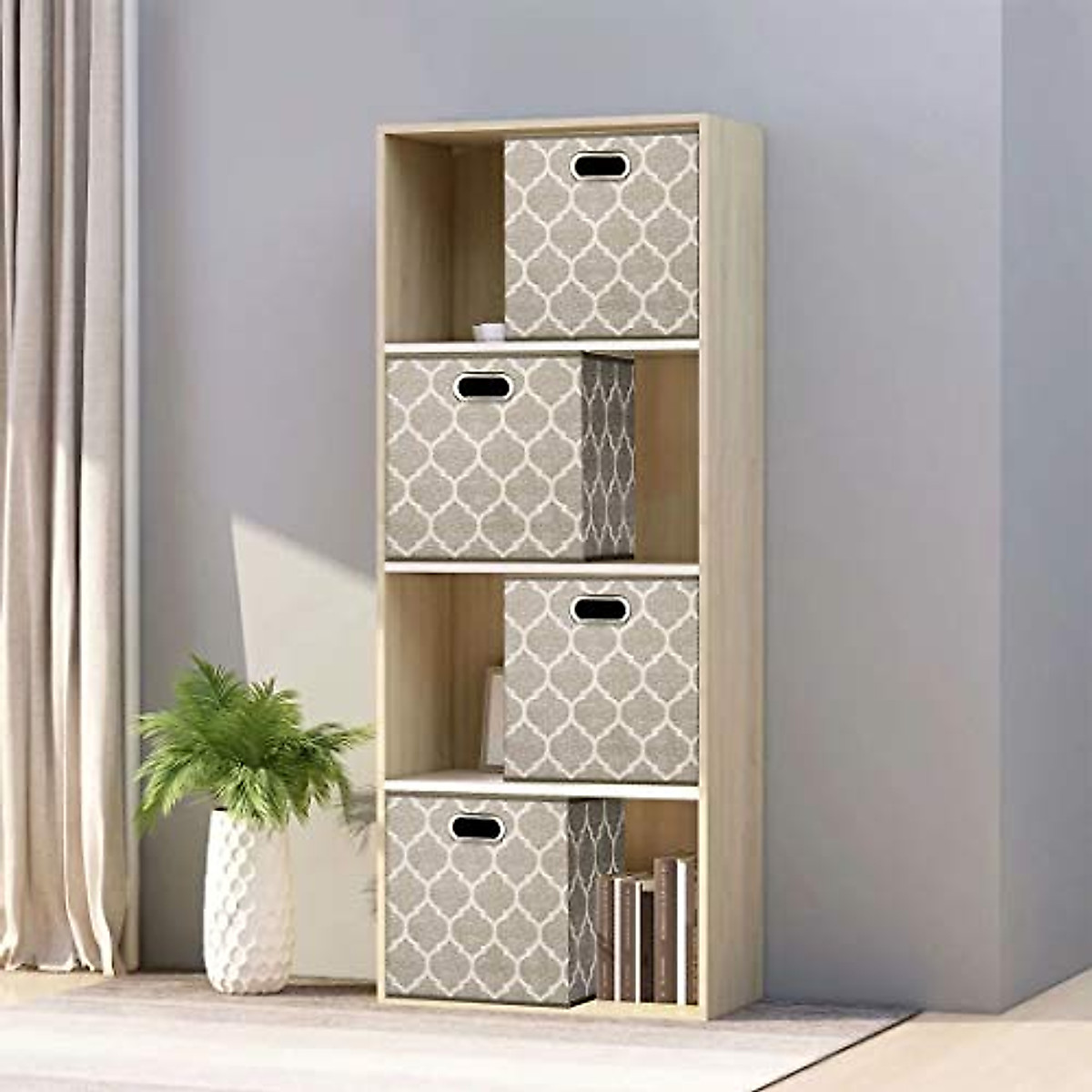 i BKGOO Cloth Storage Bins Set of 4 Thick Fabric Drawers Foldable Cubes Basket Organizer Container with Dual Metal Handles for Shelf Cabinet Bookcase Boxes Grey-Brown 13x13x13 inch