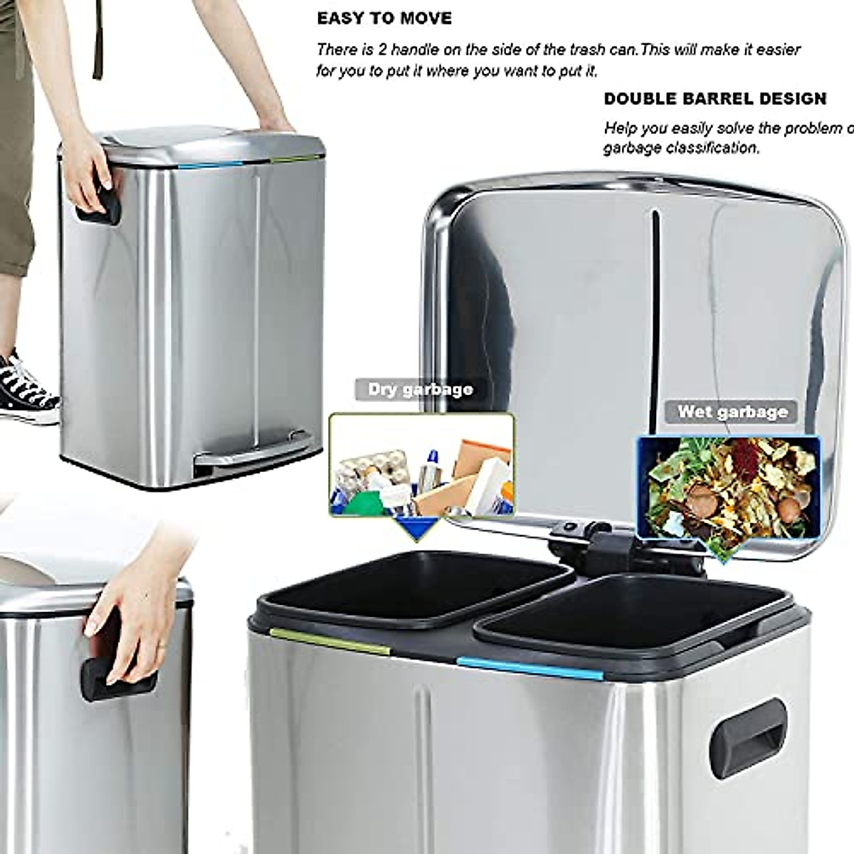 10 Gallon 40L Trash Can with Lid 2 Removable Liner Bucket Area for Office Kitchen Stainless Steel Metal Trash Can, Step Trash Can Wastebasket, Room Large Recycling Trash Can, Garbage Container Bin