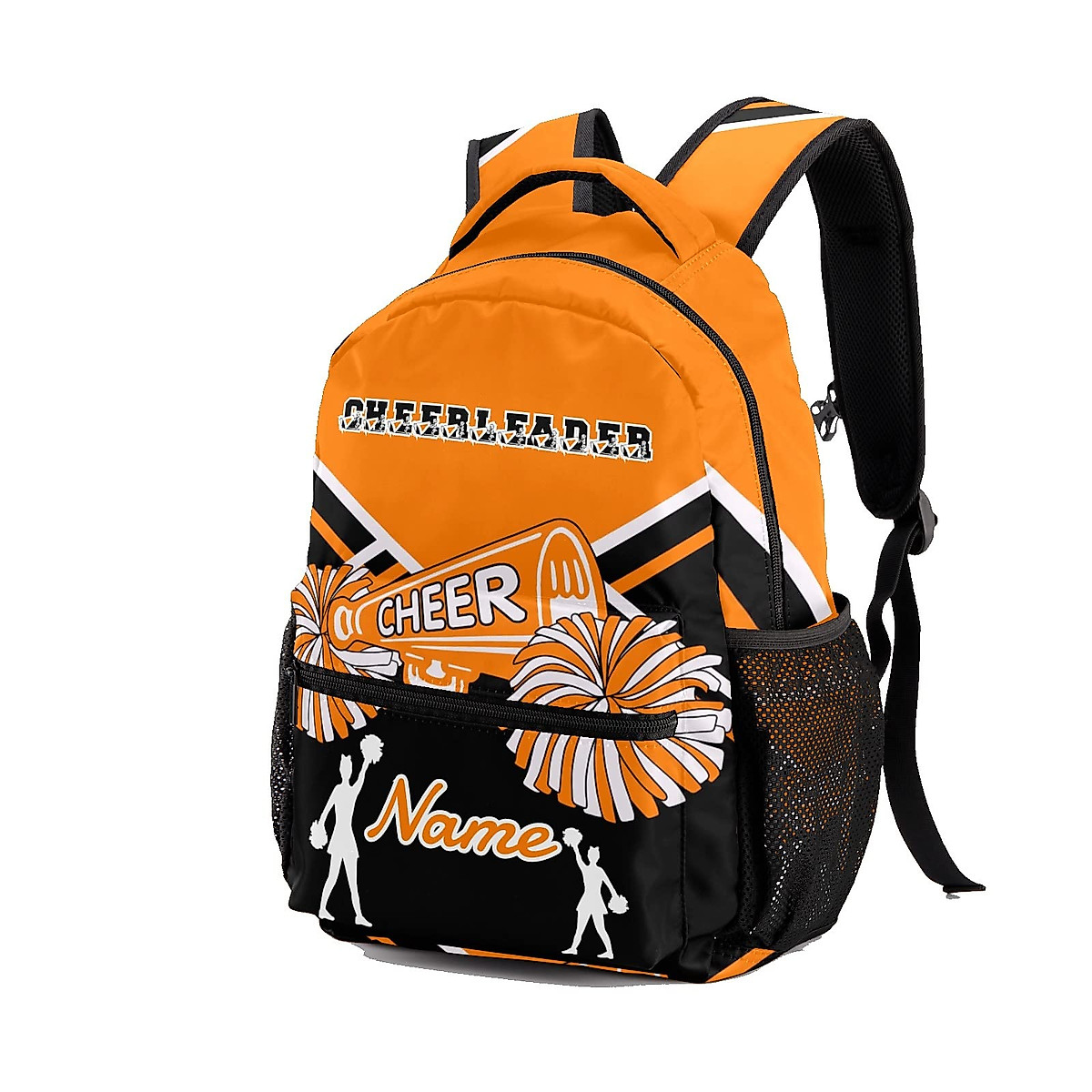 Zaaprint Personalized Orange Black Cheer Cheerleader Waterproof Backpack with Name Text for Women Men Gift