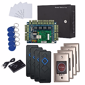 MENGQI-CONTROL 4 Doors IP Based Security Access Control Kit with Metal Case 110V Power Box RFID Reader+Infrared Exit Button+Desktop Enroll Reader+RFID Keychains/Cards APP remotely Open Door