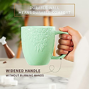 toptier Coffee Mugs Set of 4, 16 Ounce Ceramic Mug Coffee Mugs with Large Handle for Men, Women, Leaf Design Coffee Cups Gift for Coffee, Tea, Milk, Cocoa, Cereal, Green