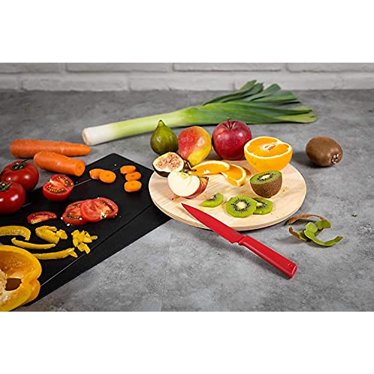 KUHN RIKON COLORI+ Mixed Knife Set with Non-Stick Coating and Safety Sheaths, Set of 3, Green, Red and Graphite Grey