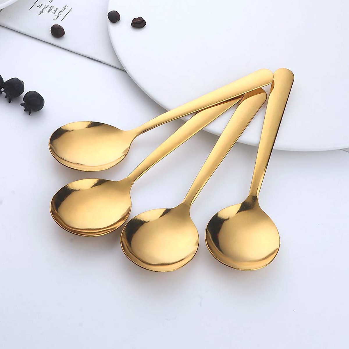 Bouillon Round Spoon 12 Pieces Stainless Steel Soup Spoons, BUY&USE 5.9-Inch Gold Color Dinenrware