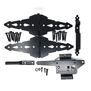 Wood Gate Hardware Set – Heavy Duty Kit for Fence Swing Gate- Outdoor Decorative Black Finish w/ 8” Strap Hinges and Spring Loaded Latch