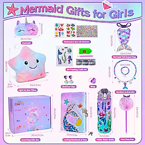 Cherry Tale Mermaid Gifts for Girls Age 5 6 7 8 9 10, Girls Mermaid Birthday Gifts Set with Light Up Star Pillow Diary Plush DIY Water Bottle Kits Christmas Presents Toys
