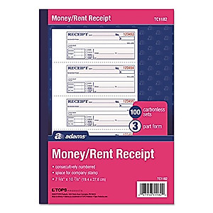 Adams TC1182 Receipt Book, 7 5/8 x 11, Three-Part Carbonless, 100 Forms