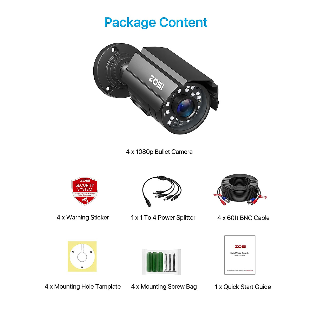 ZOSI 4PK 1920TVL 1080P Security Camera 3.6mm Lens 2MP CCTV Camera Home Security Day Night Waterproof Camera for 1080P/5MP/4K HD-TVI Analog DVR System