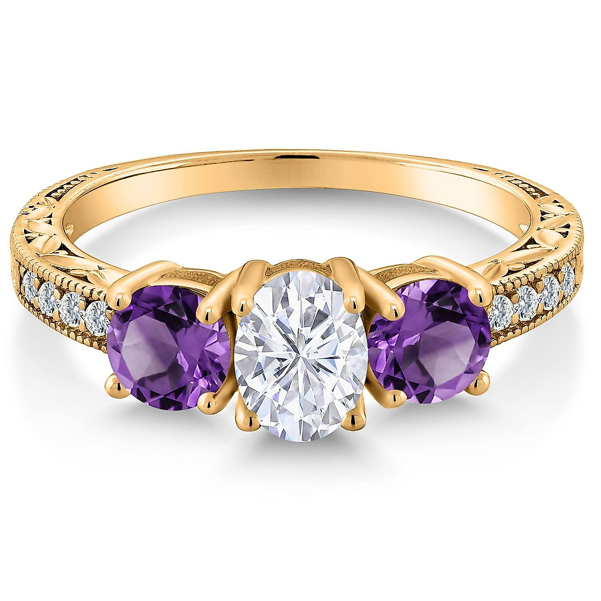 18K Yellow Gold Plated Silver 3-Stone Ring Forever Brilliant Oval 1.97cttw Moissanite by Charles & Colvard and Amethyst (Size 7)
