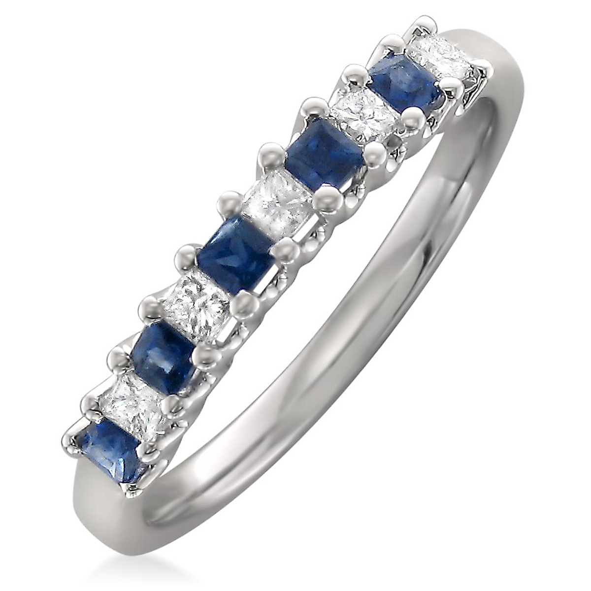 Beyond Brilliance 1/2 Carat Diamond, Prong-Set 14K White Gold Princess Cut Diamond & Blue Sapphire Bridal Wedding Band Ring (H-I, I1-I2)