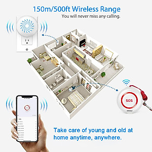 SINGCALL Tuya Wifi Smart Wireless Caregiver Pager System Nurse Calling Alert System for Elderly Patient Seniors Disabled 1 Waterproof SOS Emergency Button 1 Plugin Receiver(only Supports 2.4GHz Wi-Fi)