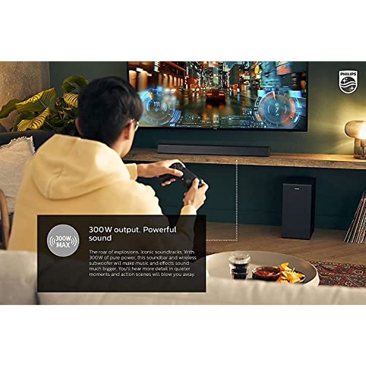 PHILIPS Soundbar with Wireless Subwoofer, Sound bar for tv 2.1-Channel Bluetooth, 300 Watts Dolby Audio Performance, Theater Audio Speakers