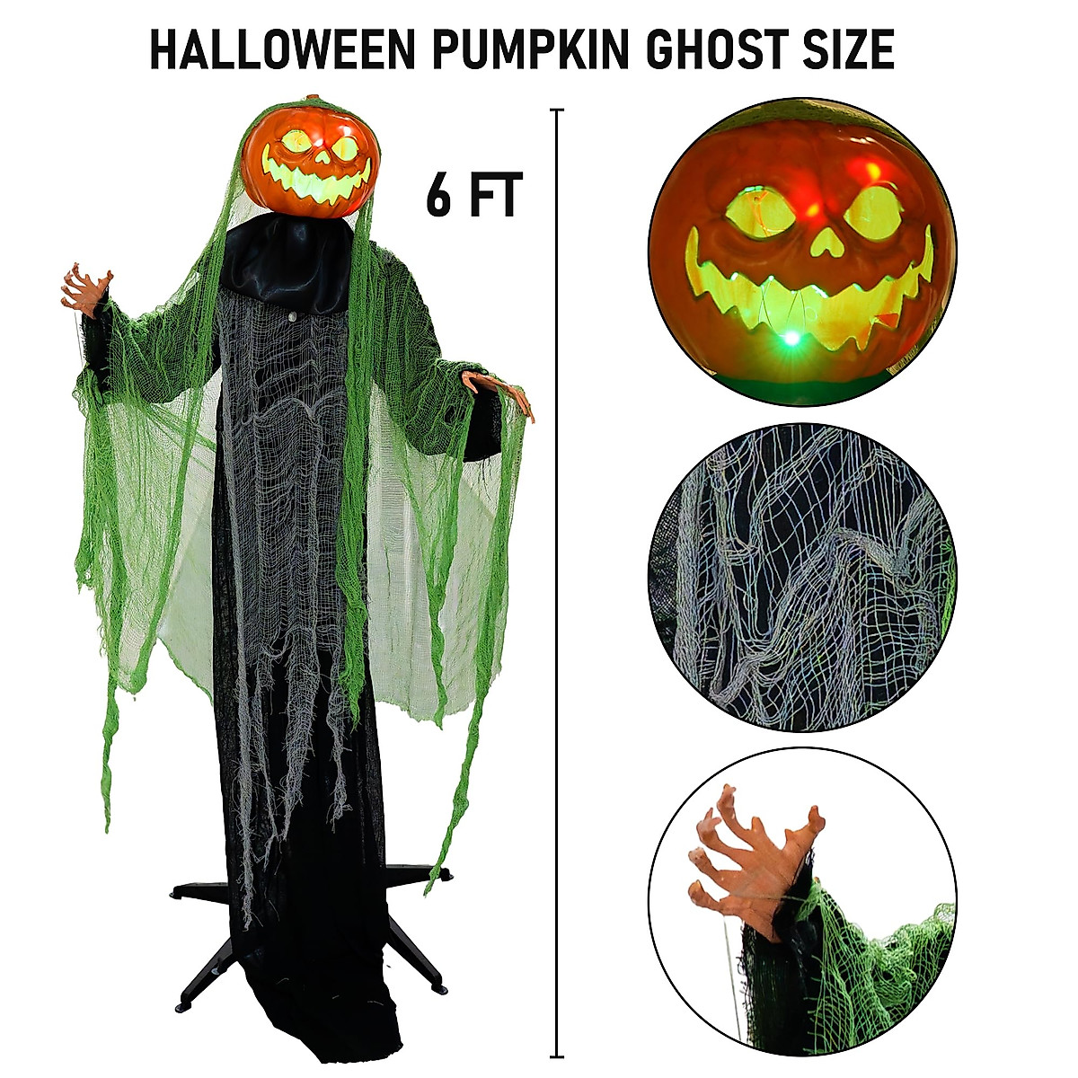 Hourleey Halloween Decorations Outdoor, 6 FT Light Up Ghost Pumpkin with Sound Activation, Animated Pumpkin Decorations for Yard Party Porch Haunted House Prop Decor