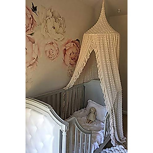 Wonder Space Elegant Kids Bed Canopy - Lace Chiffon Netting with Pom Pom, Princess Girls Fairy Dream Tent, Nursery Room Baby Crib Hanging Curtain Mosquito Net Children Reading Nook Decoration (Beige)