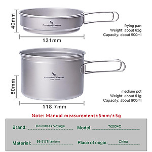 iBasingo Titanium Pot Pan Set with Folding Handle Outdoor Camping Soup Pot Bowl Frying Pan Mess Kit Ultralight Cookware for Picnic Travel Backpacking A-Ti2034C