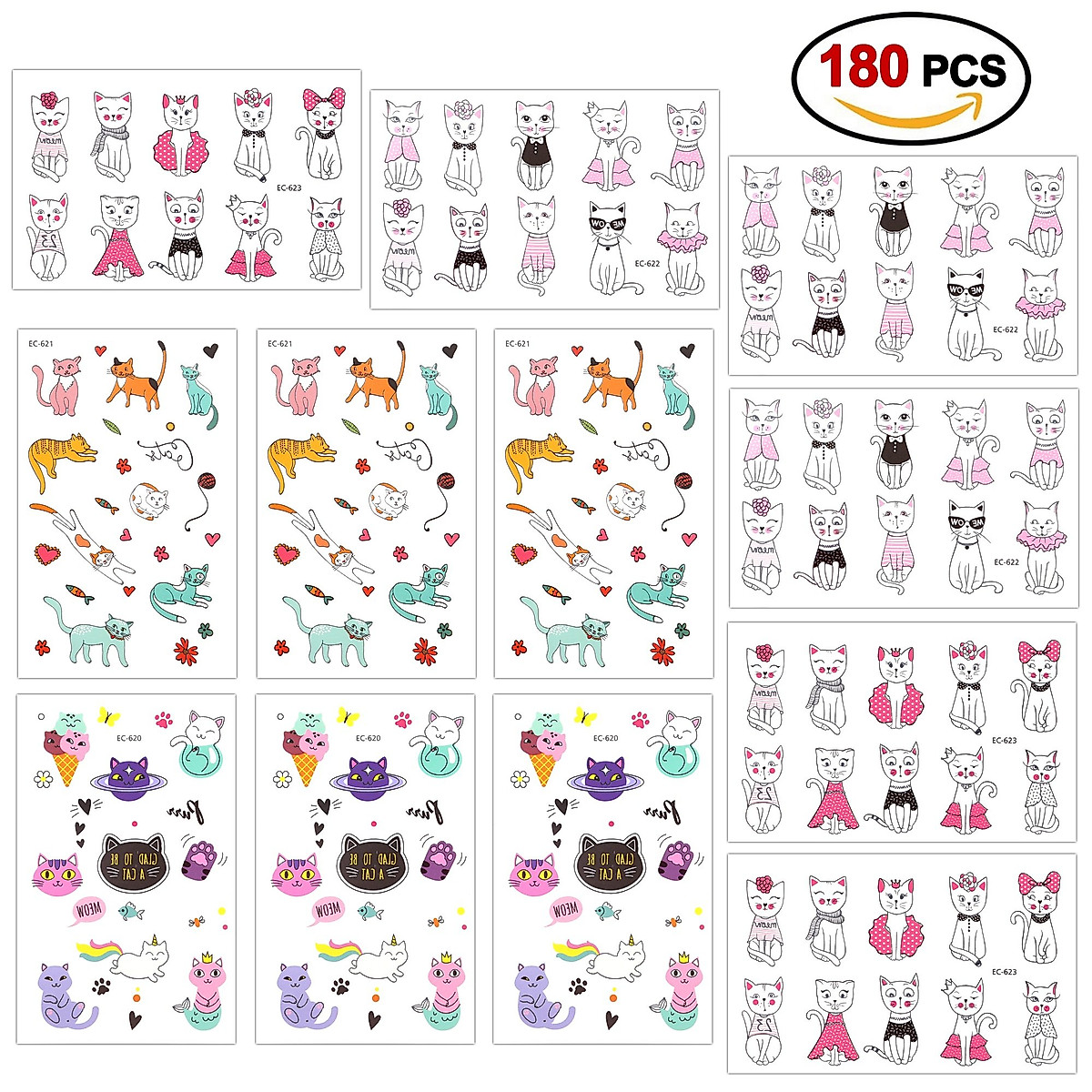 Temporary Tattoos for Girls Kids Women(180pcs), Konsait Cute Kitty Cat Tattoos Waterproof Body Art Sticker Great Birthday Party Favors Kids Party Accessories Goodie Bag Stuffers Party Fillers Gift