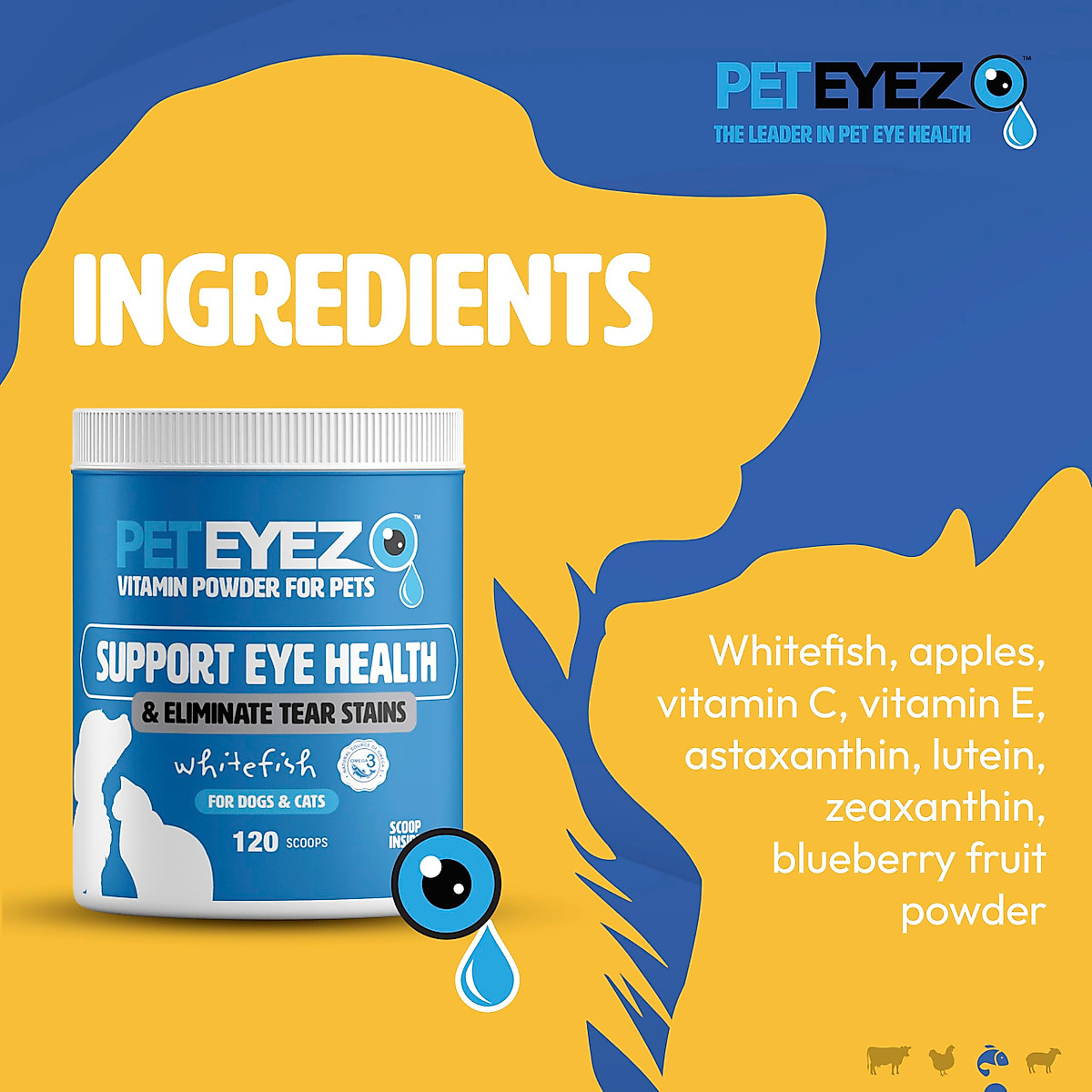 Pet Eyez Vitamin Powder for Pets - Supports Eye Health & Reduces Tear Stain Buildup - 100% Natural Food Topper for Dogs & Cats with Superfoods, Antioxidants & Nutrients - Whitefish Flavor - 120 Scoops