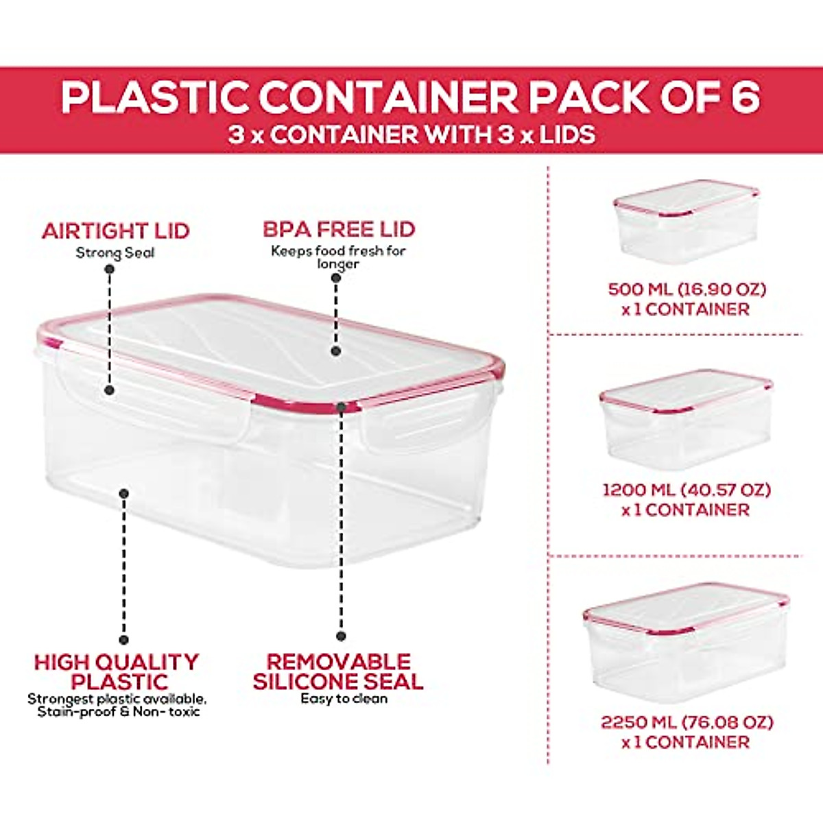Utopia Kitchen Plastic Food Storage Container Set with Airtight Lids - Pack of 6 (3 Containers & 3 Snap Lids)- Reusable & Leftover Food Lunch Boxes - Leak Proof