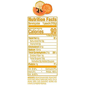 Happy Baby Organics Stage 2 Baby Food Pouches, Gluten Free, Vegan & Healthy Snack, Clearly Crafted Fruit & Veggie Puree, Bananas, Sweet Potatoes & Papayas, 4 Ounces (Pack of 16)