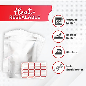 XFasten Resealable Mylar Bags for Food Storage with 112 Labels 1 Quart 7" x 10" (100-Pack) Resealable Bags for Small Business Resealable Mylar Bag for Food Preservation, Sealable Bags for Packaging