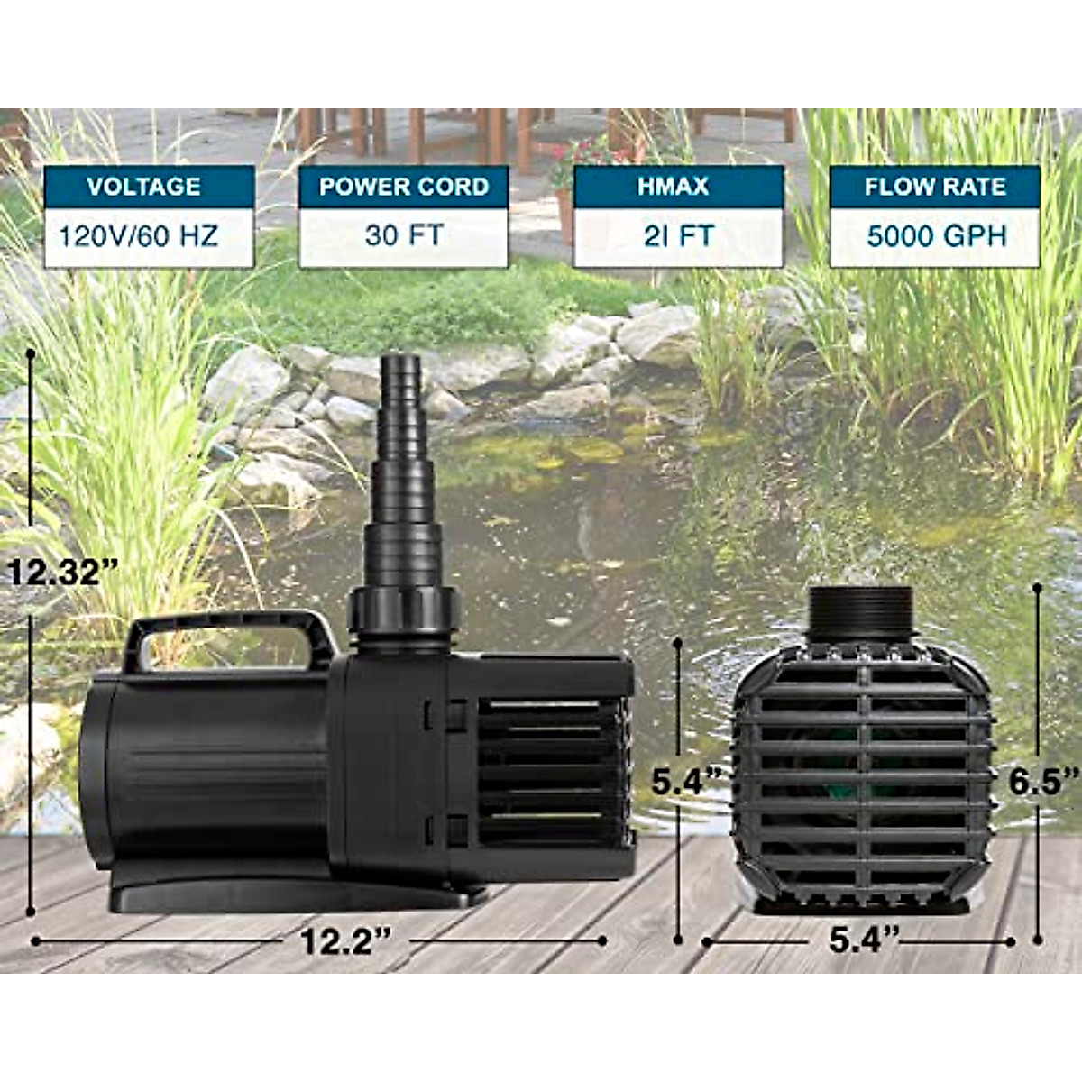 Homewell 5000 Gallons per Hour Electric Water Pump with 2 Nozzles Ultra Quiet Submersible Pump for Fountains, Waterfalls, Water Circulation, Koi Ponds Pump, Water Gardens (5000 GPH)