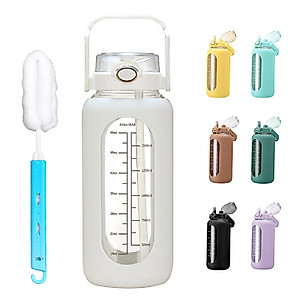 chunmo 64oz Glass Water Bolttles with Straw Half Gallon Large Motivational Water Bottle with Time Marker Sports Water Bottles with Silicone Sleeve and Handle Lid Water Jug for Gym Workout