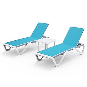 Domi Outdoor Chaise Lounge - Aluminum Adjustable Patio Lounge,Plastic Pool Lounge Chair (2 Aqua Lounges W/Table)