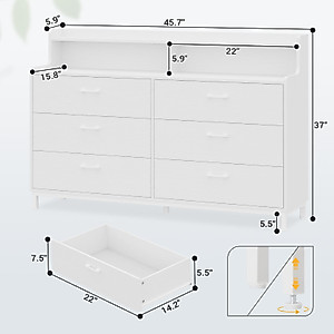DICTAC White Dresser for Bedroom, 6 Drawers Double Dresser with Shelves, Wood Chest of Drawers, Large Capacity Storage Organizer Dresser for Bedroom, Living Room, Hallway