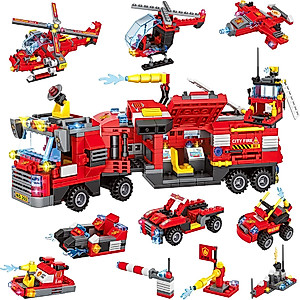 1432 Pieces City Fire Truck , Fire Rescue Helicopter , Fire Rescue Boat Building Blocks Set , 8+1 City Fire Mobile Command Center Truck , Fire Engine Gifts for Kids, Boys and Girls Ages 6-12