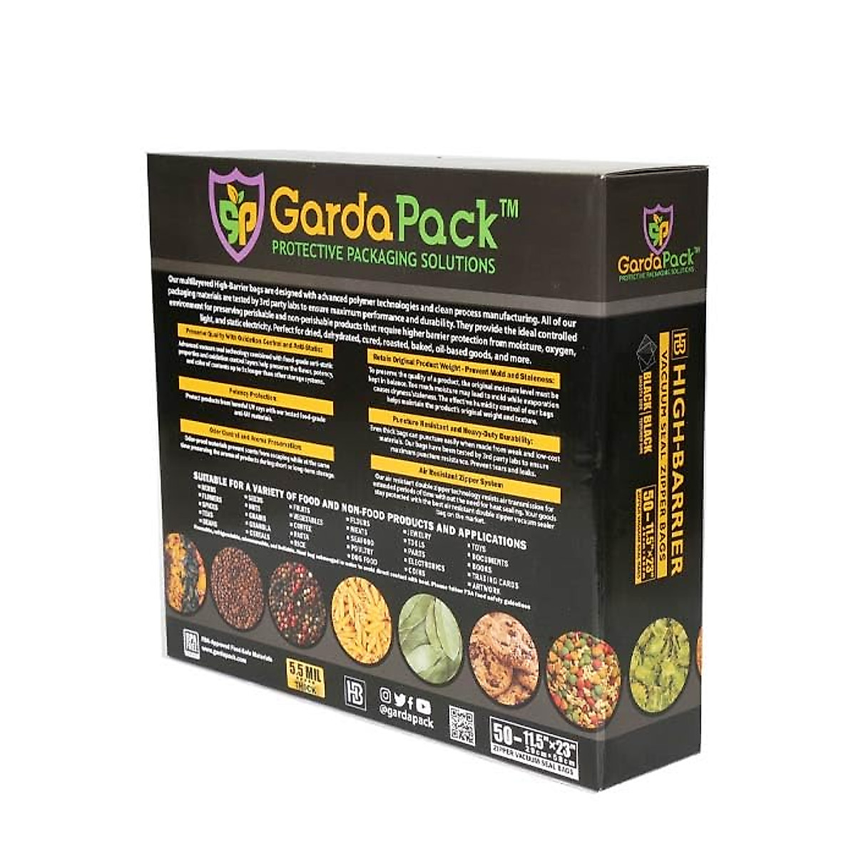 GardaPack's 11.5″x23″ Clear/Black High Barrier Pro Vacuum Seal Zipper Bags 5.5 Mil. 50 Pre-Cut Bags w/Double Zipper, Large