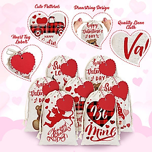 20 Pieces Valentine's Day Gift Bags with Drawstring Linen Cloth Candy Jewelry Pouches Sacks Small Muslin Bags with Heart Tag Labels for Valentine's Day Party Favors Wedding Bridal Shower (4 x 6 Inch)