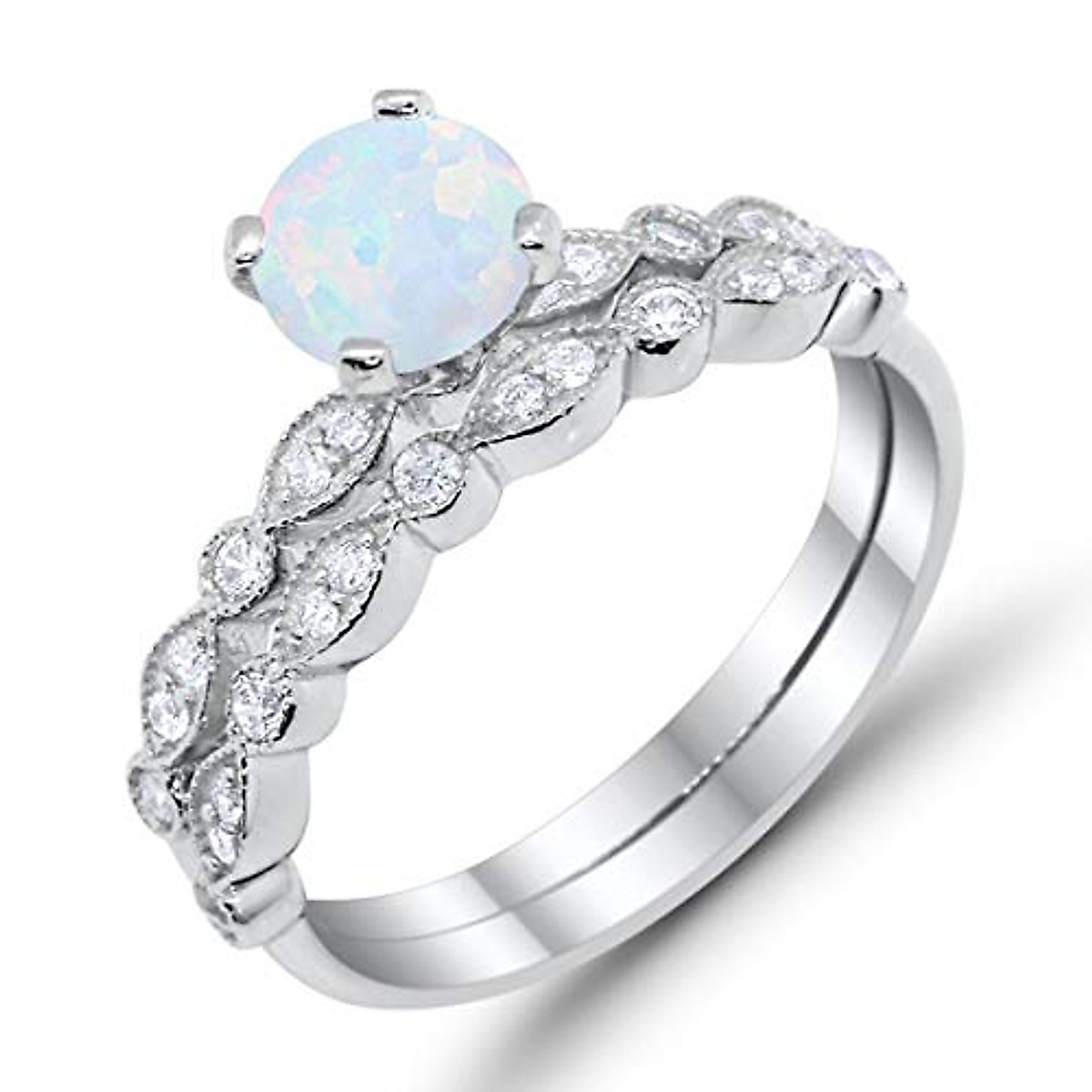 Blue Apple Co. Art Deco Style Vintage Two Piece Wedding Engagement Bridal Set Ring Band Round Creatd White Opal 925 Sterling Silver, Size-8