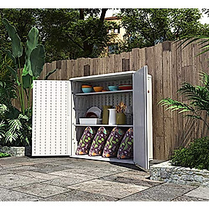 HOMSPARK Medium Resin Storage Cabinet Waterproof, 60-Gallon Indoor & Outdoor Deck Box for Garden Tools, kitchen Accessories, with 2 Laminate Shelves, (34 in. L x 15 in. W x 36 in. H, Light Beige)