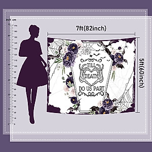 Mocsicka Till Death Do Us Part Backdrop Mr and Mrs Skull Halloween Wedding Party Decoration Flower Coffin Bachelorette Bridal Shower Engagement Party Banner (Purple, 7x5ft(82''x60''))