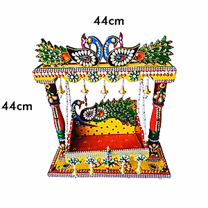 Kundan Work Laddu Gopal Bal Gopal Krishna Wooden Swing Jhula(41x41 cm) Seating Area 10x10 inches & 5 Number Laddu Gopal Seating with Multi-Color Stone Pearl