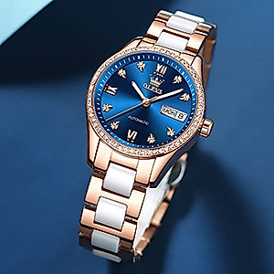 OLEVS Blue Self Winding Womens Watches Waterproof Rose Gold Stainless Steel Watches for Womens Ceramics Mechanical Wrist Watch Luxury Diamonds Automatic Watch Dress Women