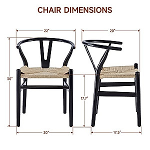 Farini Wishbone Chairs for Dining Room Solid Wood Rattan Chair Armchairs Y Shaped Backrest Hemp Seat for Home Restaurant Fully-Assembled(Set of 2,Black-Beige Seat)